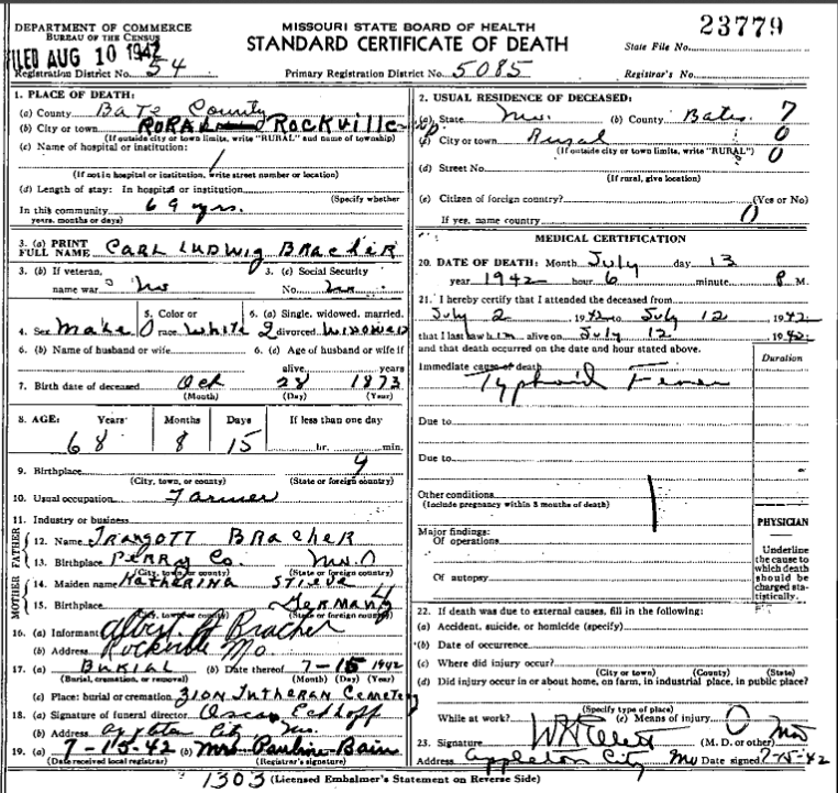 Charles Bracher death certificate