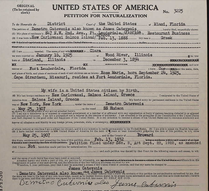 James Catevenis naturalization paper