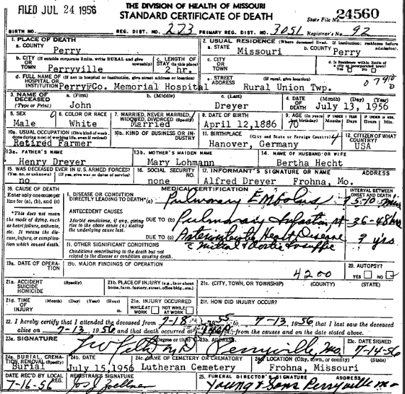 John Dreyer death certificate