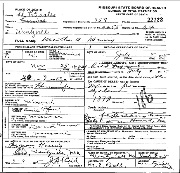 Martha Koenig death certificate