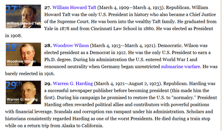 US Presidents list 1909-1923
