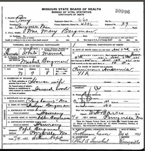 Mary Bergmann death certificate 1931